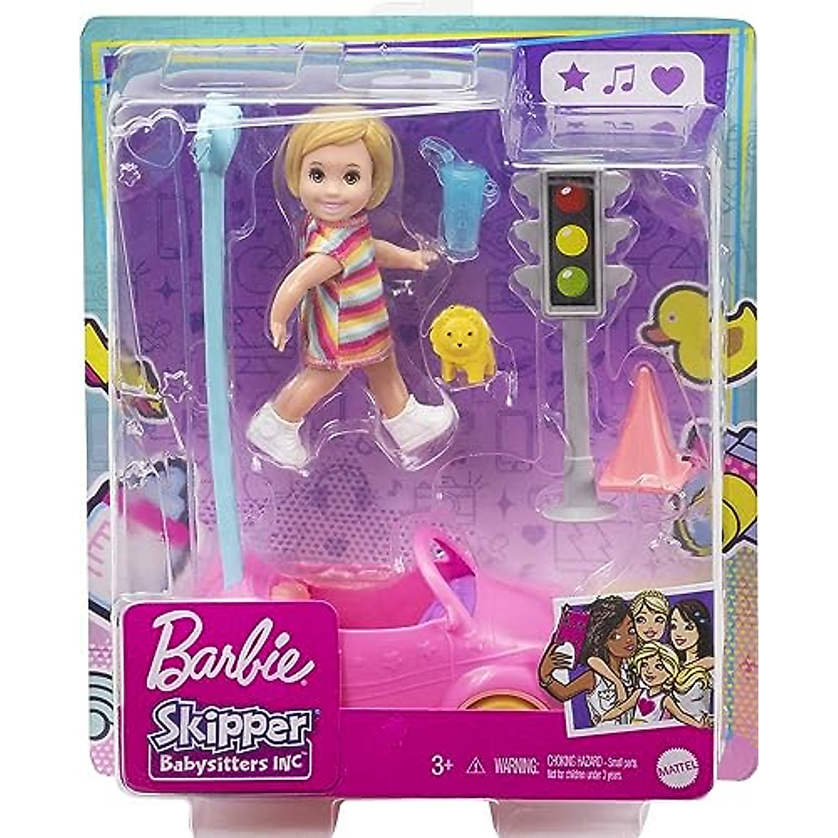 Barbie Skipper Babysitters Inc. Accessories Set with Small Toddler Doll & Toy Car, Plus Traffic Light, Cone, Cup & Lion Toy, Gift for 3 to 7 Year Olds , White