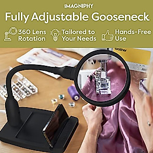 iMagniphy 8X Desk Magnifying Light - White or Black - Magnifying Lamp for Reading, Crafts - Desk Magnifying Glass with Light and Stand, 6 LEDs, Base