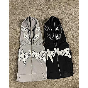 BOIBOKOKO Women Men Y2K Graphic Full Zip Up Hoodie Hip Hop Over Face Grunge Hoodies Goth Oversized Harajuku Jacket Sweatshirt