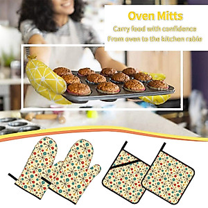 Retro Mid Century Fifties Modern Atomic Oven Mitts and Pot Holders Heat Resistant 4 Pcs Sets Waterproof Non-Slip for BBQ Cooking Baking Grilling