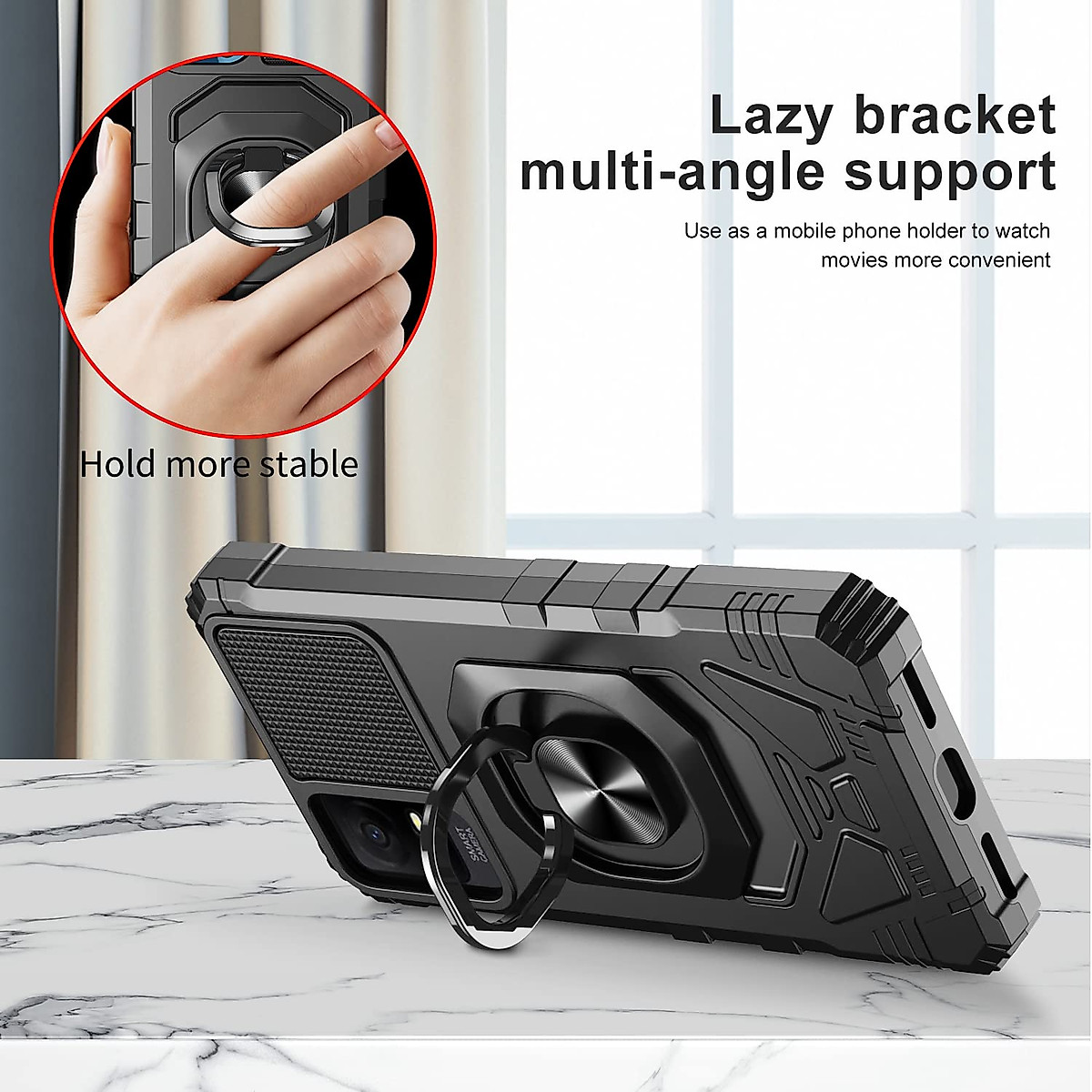 Compatible for TCL ION X Case/TCL ION V Case with Tempered Glass Screen Protector [Military Grade] Ring Car Mount Kickstand Shockproof Hard Phone Case - Black