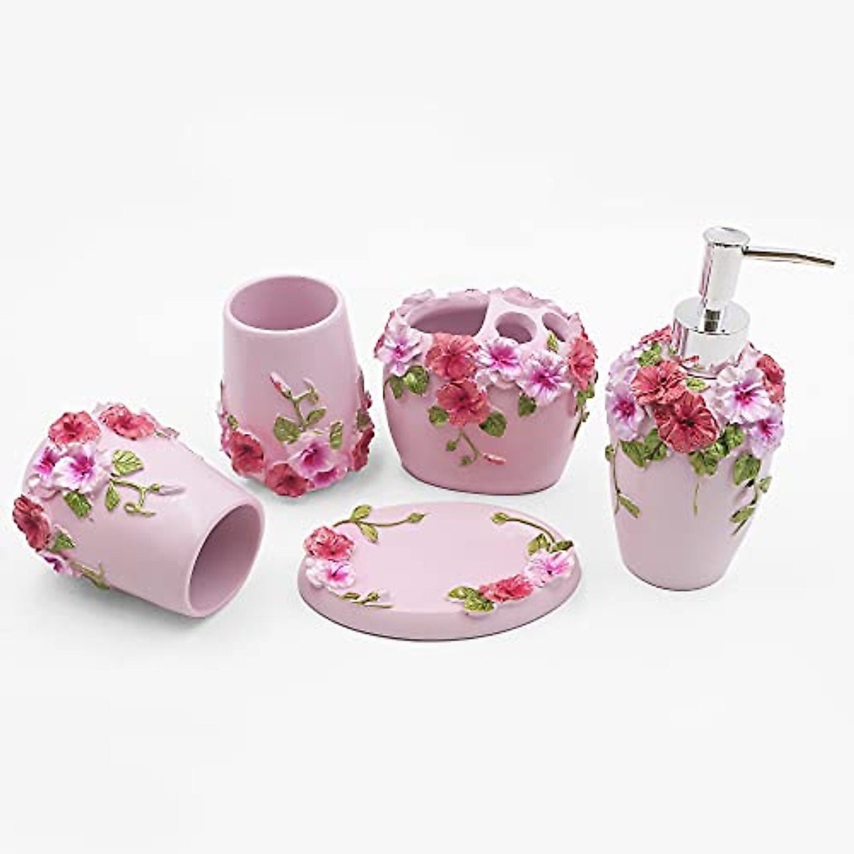 LUANT Vintage Pink Bathroom Accessories, 5Piece Bathroom Accessories Set, Bathroom Set Features, Soap Dispenser, Toothbrush Holder, Tumbler & Soap Dish - Bath Gift Set