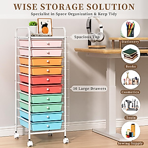 Rolling Storage Cart with 10 Drawers, Drawer Cart with All-Metal Frame & Lockable Wheels, Organizer Utility Cart with Handle for Crafts, School Teacher, Home, Office, Classroom, Macaron Color