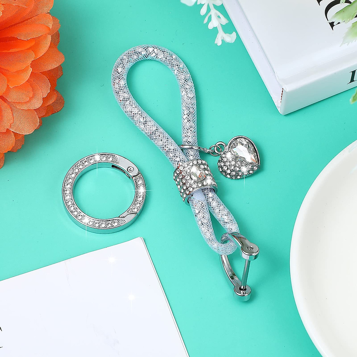 Crystal Car Keychain Bling Keychain Accessories Glitter KeyRing Strap with Heart Charm Key Decorations for Women Auto (Silver)