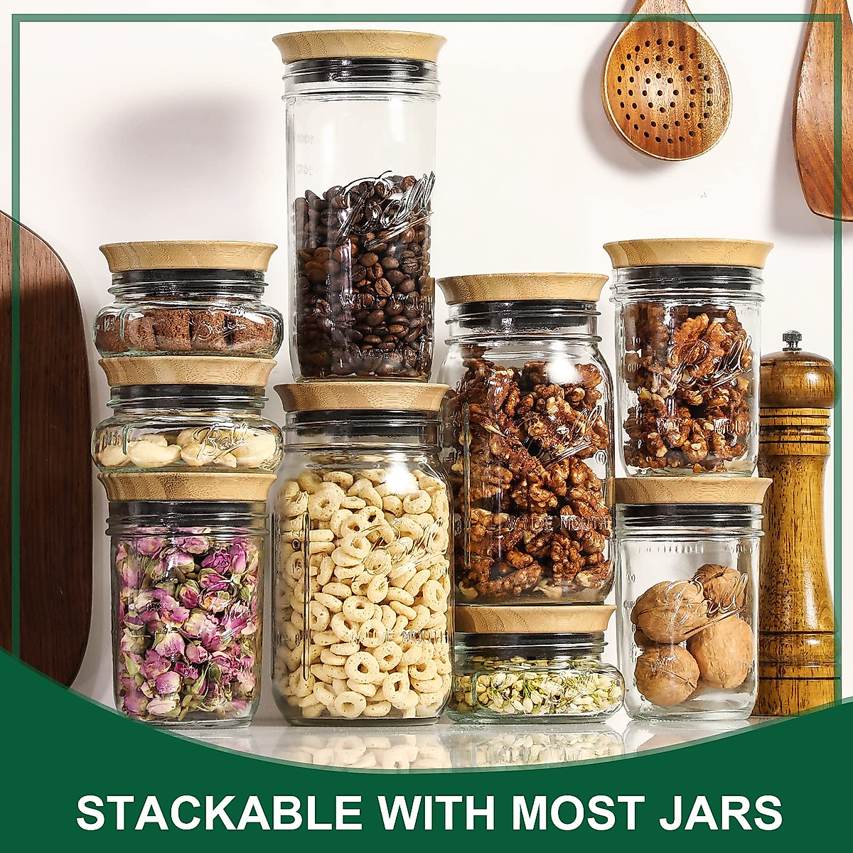 8 Pack Bamboo Mason Jar Lids Wide Mouth, CROWN Shaped Natural Wooden Storage Lids w Silicone Seal - Mason Jar Tops for Ball, Kerr Canning Jars - Kitchen, Pantry Dry Goods Storage - Airtight & BPA Free