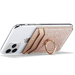 TOPWOOZU Phone Card Holder with Ring Grip for Back of Phone,Adhesive Stick-on Credit Card Wallet Pocket for iPhone,Android and Smartphones (Pink)