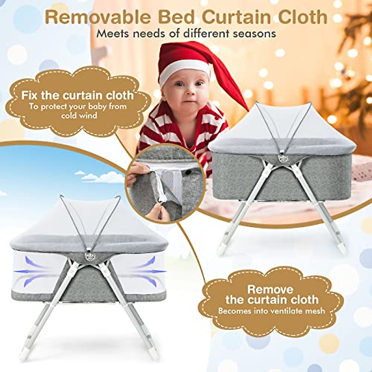 BABY JOY Bassinet, 2 in 1 Rocking Bassinet for Baby w/Detachable Curtain Cloth, Mattress, Breathable Mesh, Adjustable Height, Quick Folding Crib w/Travel Bag for Newborn Infants, Portable Bassinet