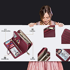 Arrow Dancer Women's 100% Leather Wallet RFID Blocking Girls Best Choice Designer Phone Holder Clutch Travel Purse Wristlet Ladies Clip Bifold Zipper Buckle 15+ Handy Money Card ID Slots (Maroon)