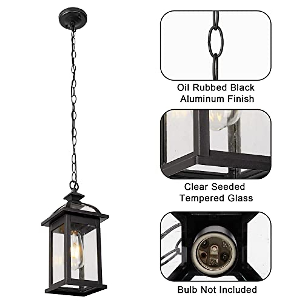 Darkaway Outdoor Pendant Light Fixture Lantern, Hanging Porch Light with Glass Aluminum Outdoor Pendant Lights for Porch, Patio, Entryway (1 Pack, Black)