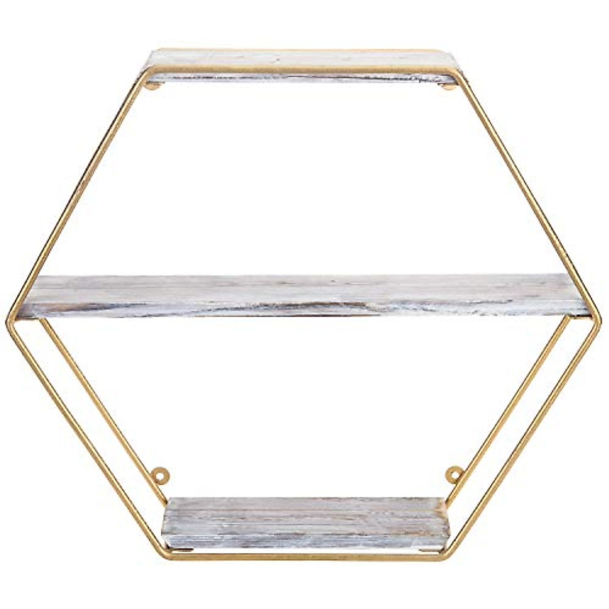 MyGift 3-Tier Wall Mounted Shelf with Hexagon Gold Metal Frame & Whitewashed Wood Shelves