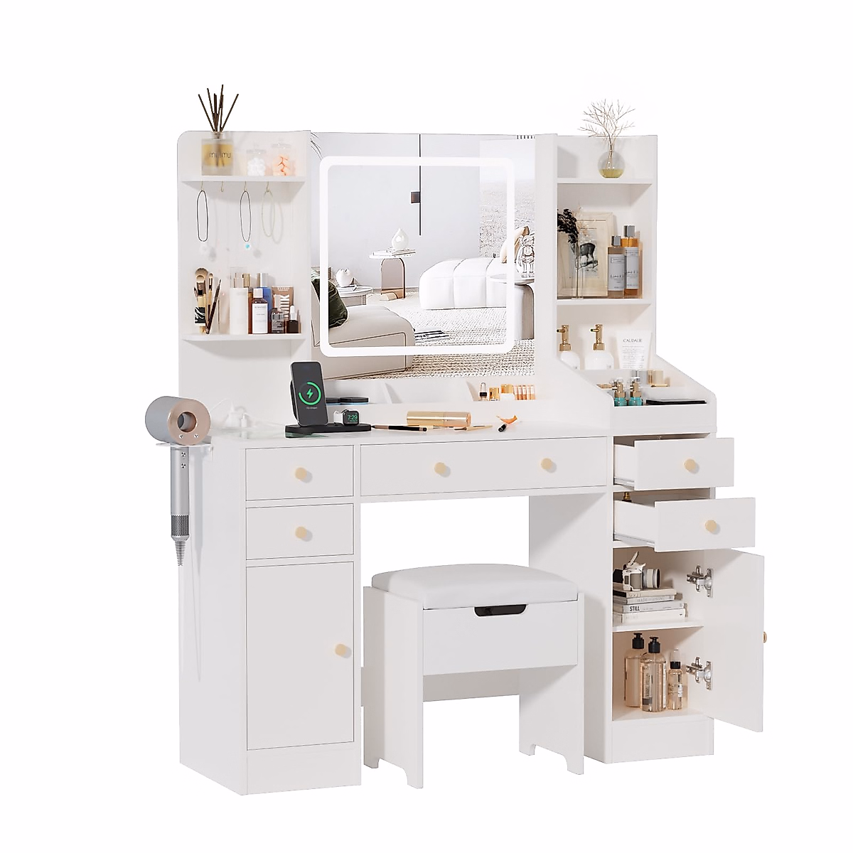 Vabches Vanity Desk with Lights, Makeup Vanity Table with Charging Station, 44.9in Big Vanity Set with 5 Drawers & Lots Storage Space, White