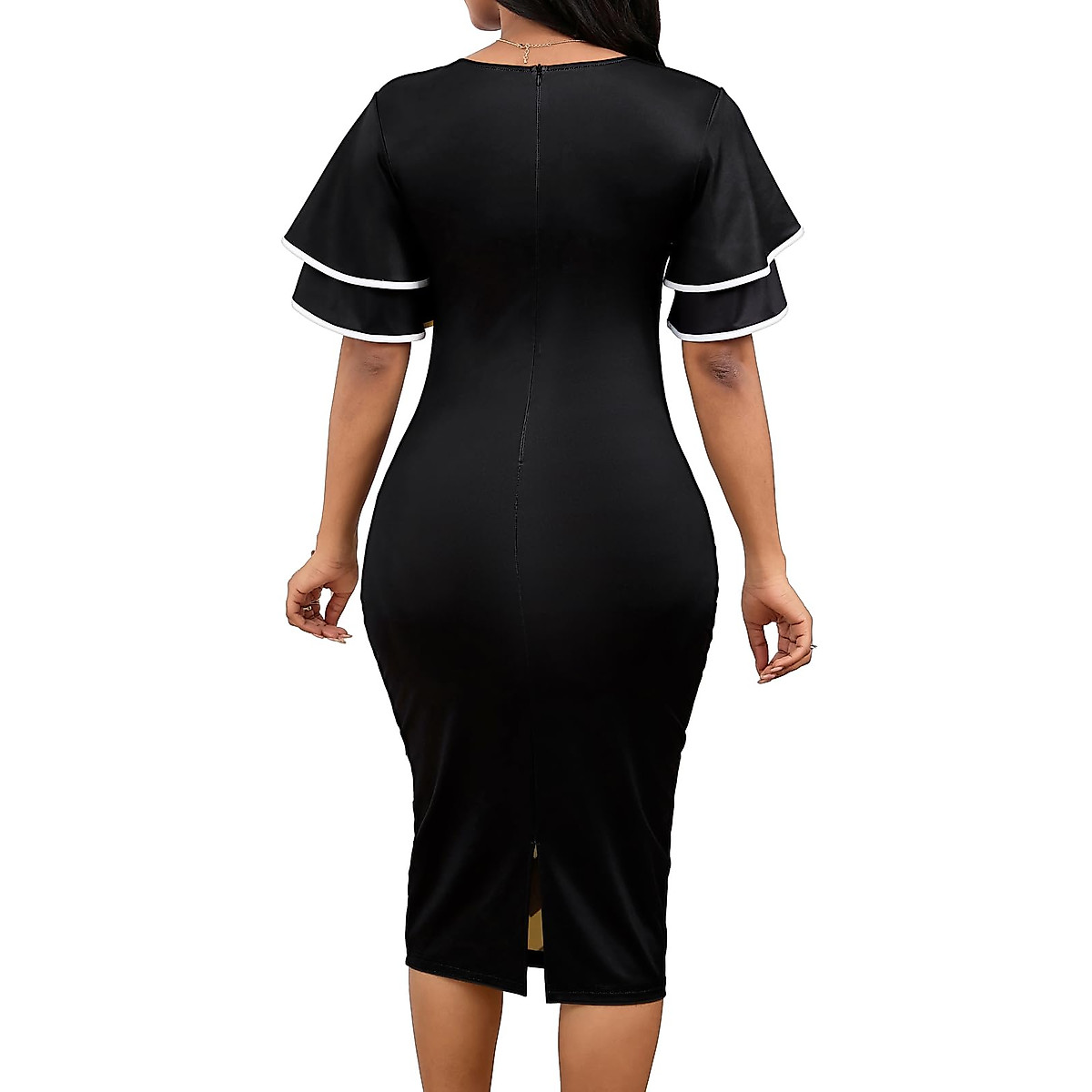 Women's Sexy Church Dress V Neck Short Ruffles Sleeve Clubwear Elegant Pencil Bodycon Midi African Ladies Dresses Black