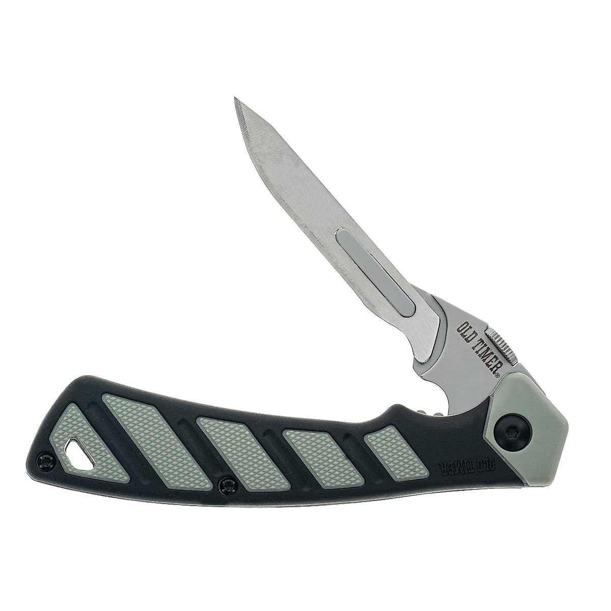 Old Timer Replaceable Blade Knife with Interchangeable 60A Scalpel Blades, Rubber Overmold Grip, Spare Blades, Thumb Assist, and Liner Lock for Hunting, Skinning, and Outdoors,Black