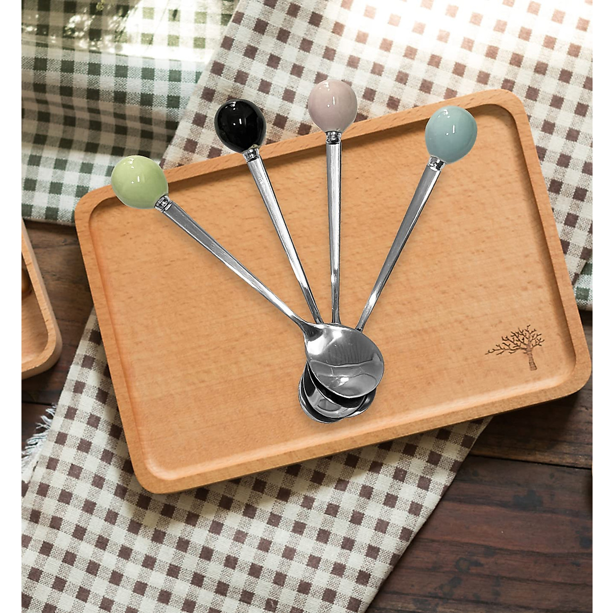 Ouliget Stainless Steel Tea Spoons, Mini Coffee Spoons, Dessert Spoons,Korean Small Spoons with Ceramic Ball, Spoons 4 Pieces 5.5 Inches 4 colors.