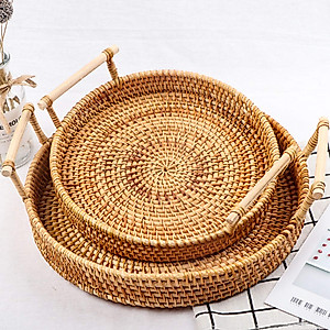 Rattan Round Serving Tray, 2 Size Hand-Woven Rattan Tray Serving Tray with Handles, Wicker Tray Basket Tray for Bread Fruit Food Coffee Breakfast Display