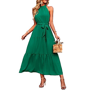 PRETTYGARDEN Women's Summer Maxi Sun Dress Sleeveless Halter Neck Flowy Ruffle Hem Long Boho Dresses with Belt (Solid Green,Medium)