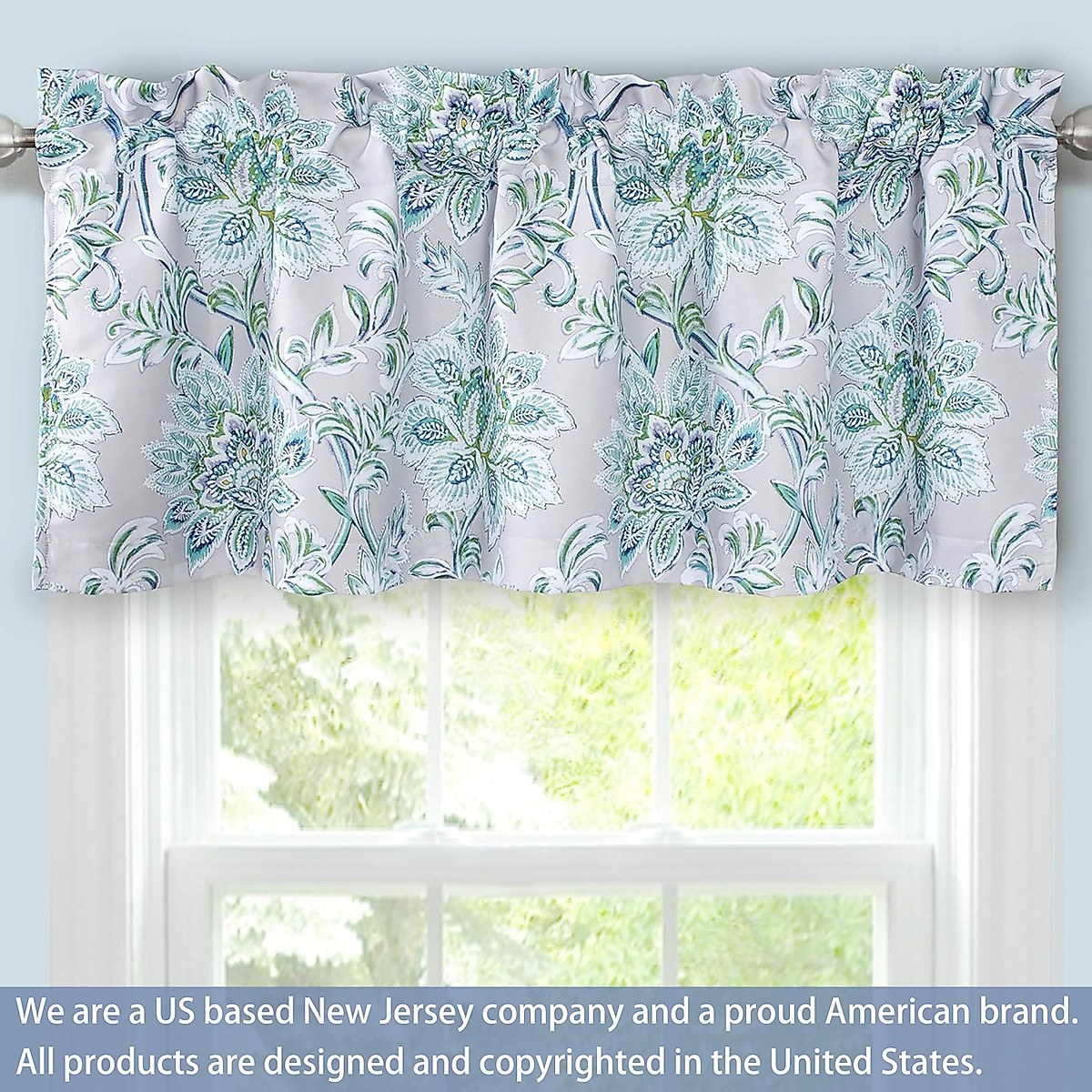 DriftAway Alyssa Jacobean Elegant Floral Leaves Pattern Thermal Insulated Blackout Lined Rod Pocket Window Curtain Valance for Kitchen Café 2 Pack 52 Inch by 18 Inch Plus 2 Inch Header Gray