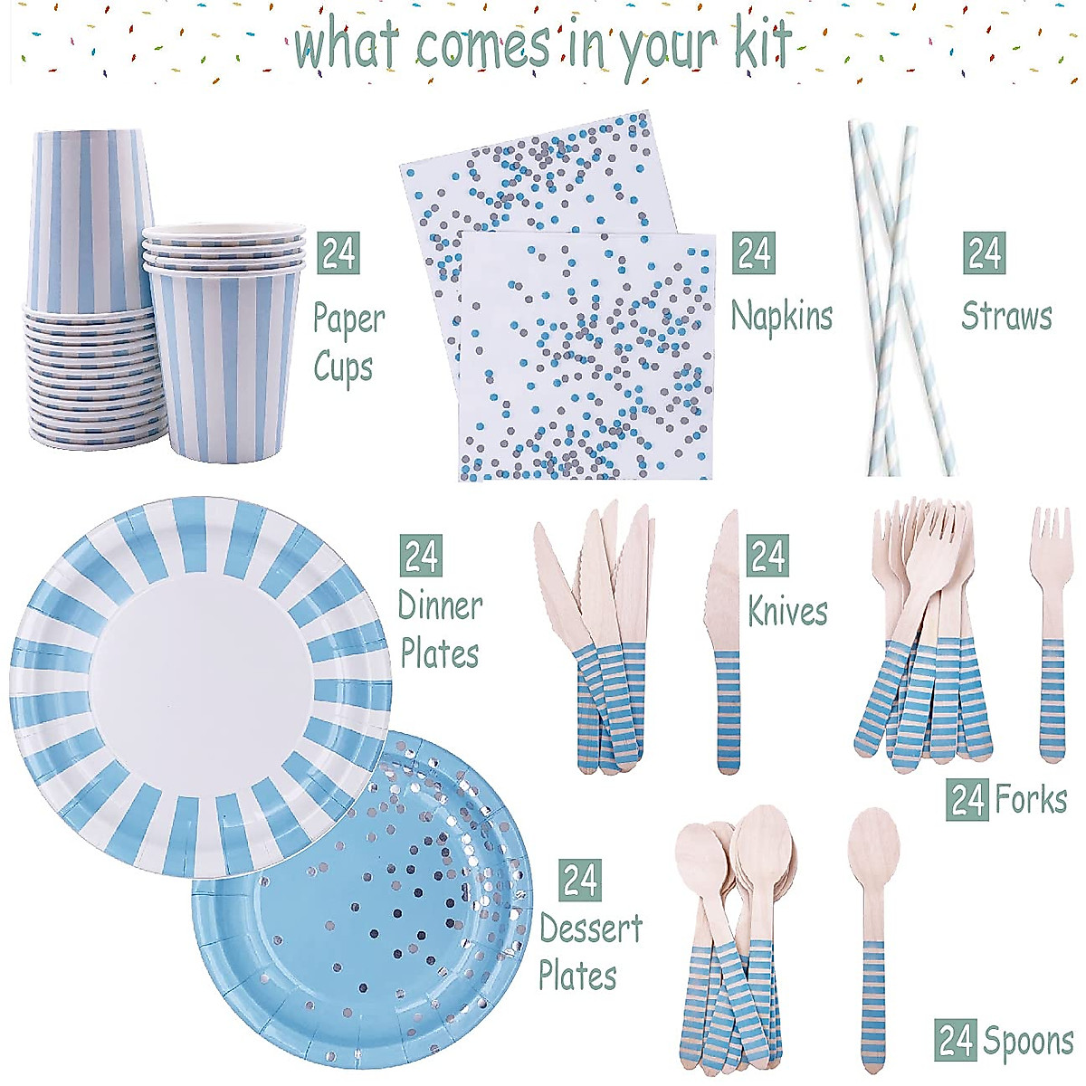 Blue Striped Birthday Party Supplies, Baby Shower Dinnerware Set, Paper Plates, Napkins, Cups and Wooden Cutlery (Serves 24, 192 Pieces), MP03