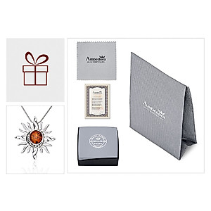 AMBEDORA Women's 925 Silver Oxidised Round Baltic Amber Celtic Sun & Moon Pendant on a Chain with a Snake Chain Gift Set