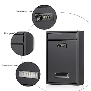 Locking Mailbox Wall Mounted Vertical- Jssmst Mail Boxes with Combination Lock Large Capacity, 12.6 x 8.46 x 3.35 Inch, Black Matt