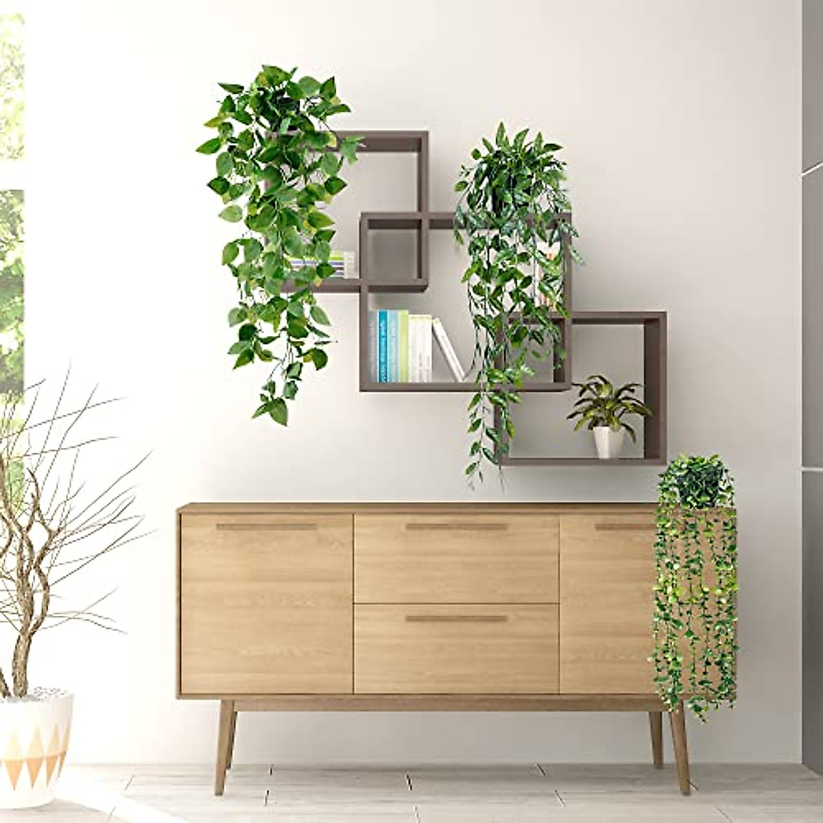 Sggvecsy Fake Hanging Plants 4 Pack Artificial Hanging Eucalyptus Plants Fake Potted Greenery Faux Eucalyptus Mandala Vine Ivy Vine Leaves Pea Pod for Home Indoor Outdoor Wall Garden Decor