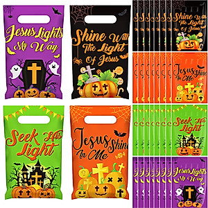 Tiangrid 48 Pieces Halloween Plastic Gift Bags Halloween Pumpkin Treat Bags Christian Religious Candy Bags Mixed Color Party Favors Bags with Handle for Holiday Supplies