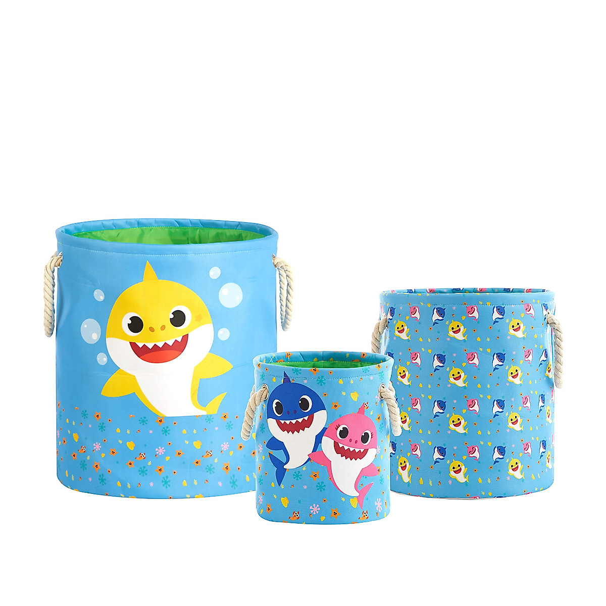 Idea Nuova Baby Shark 3 Piece Multi Size Fabric Nestable Toy Storage Basket Set, with Rope Carry Handles