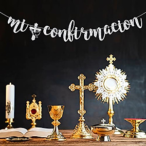 Mi Confirmación Banner, Holy Confirmation Decorations, Wedding, Bridal Shower, God Bless, Baptism Party Decorations Silver Glitter