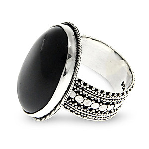NOVICA Artisan Handmade Onyx Cocktail Ring Indonesian Silver Sterling Black White Modern Birthstone Balinese Traditional 'Oracle'