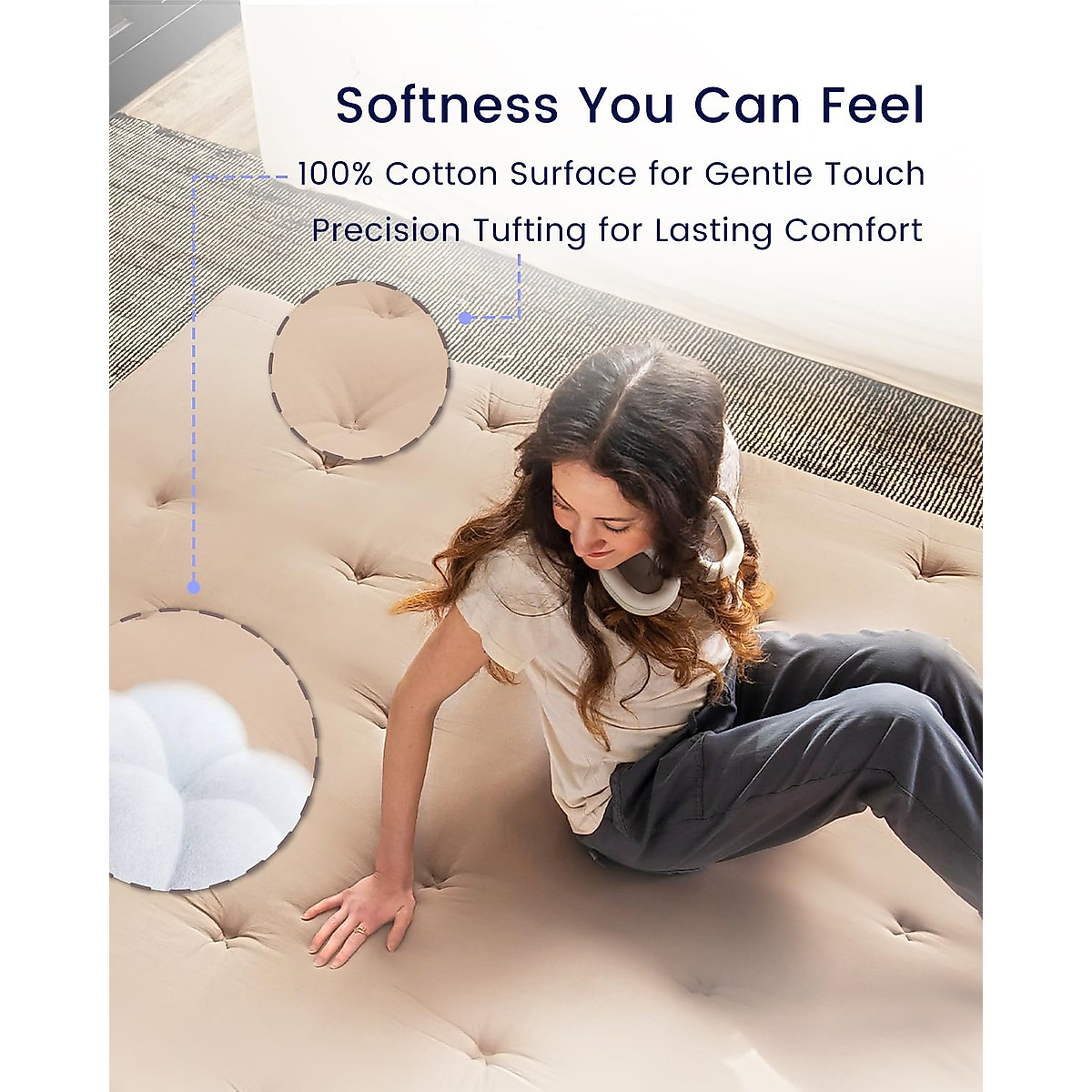 ZonLi Japanese Floor Futon Mattress Full Size 54"x 80",100% Cotton 2.5'' Thicken Tatami Mattress,Foldable Sleeping Pad,Portable Dormitory Tatami Mat,Roll Up Floor Lounger Bed for Adult (Khaki)