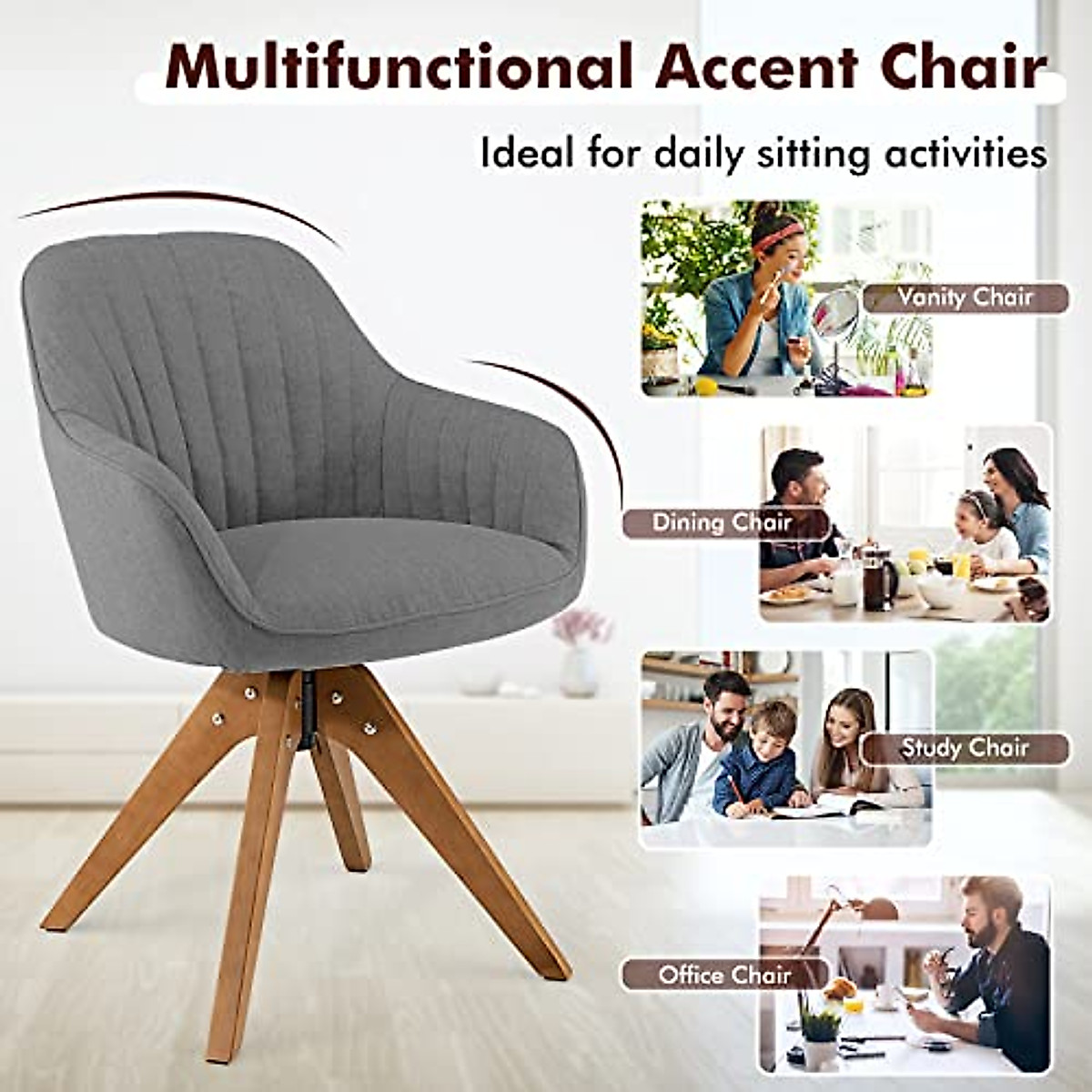 Giantex Desk Chair No Wheels, Super Easy to Install, Mid Century Computer Desk Armchair with Linen Fabric and Soft Sponge Filling, Swivel Accent Chair for Home Office, Grey