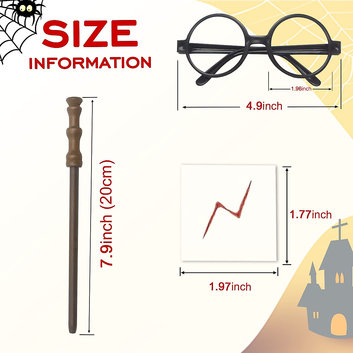 Wizard Theme Party Favors - Wand Pencils,Wizard Glasses with Round Frame No Lenses,Lightning Bolt Scar Temporary Tattoo for Magic Birthday/School Party Supplies ,Halloween Decor,12pcs each(36pcs all)