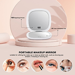 TIMCHASER Magnifying Travel Makeup Mirror, 1X/10X Magnification Compact Mirror, Dimmable 2-Sided Illuminated Folding Mirror, USB Rechargeable, Portable for Handbag, Purse, Pocket