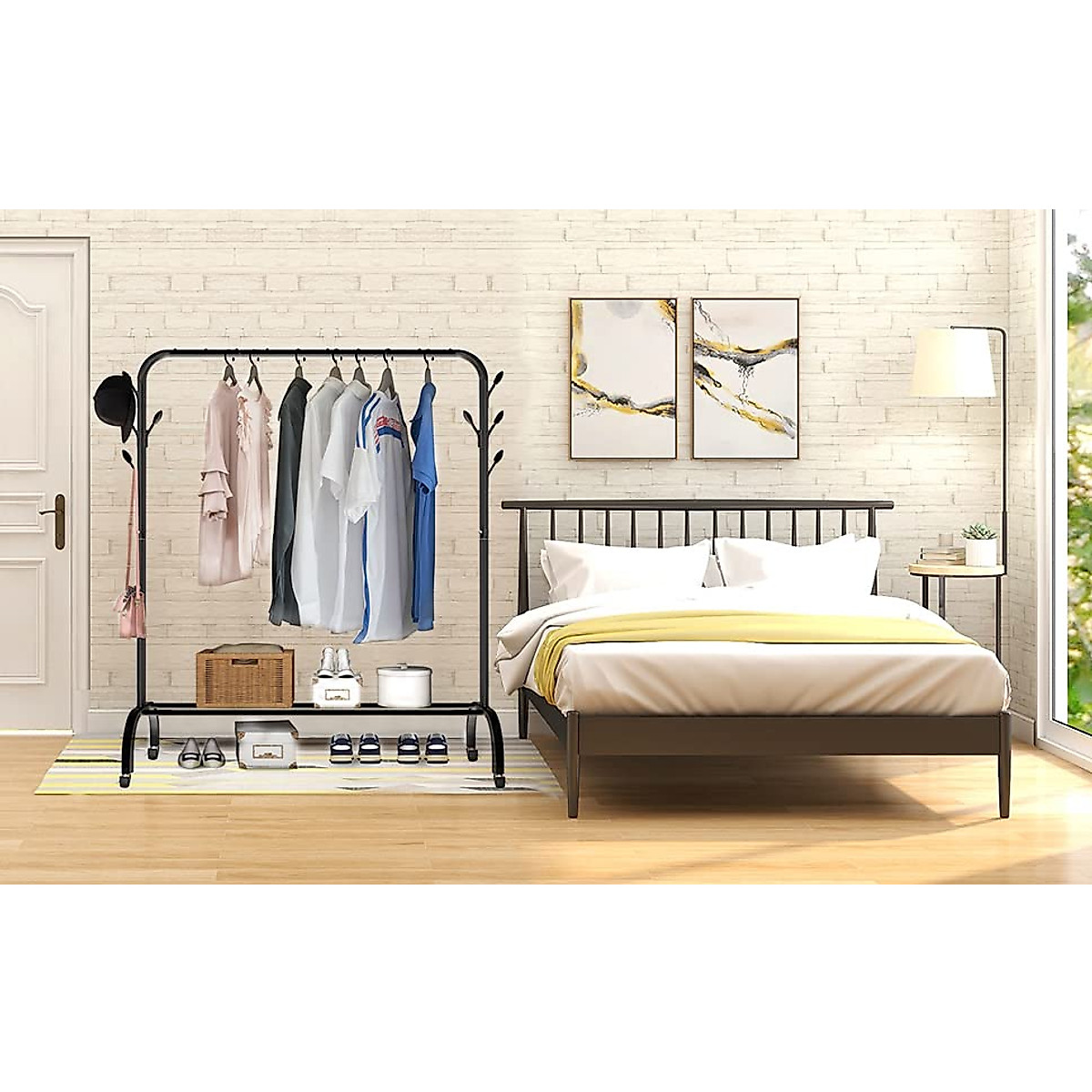 HILI Clothing Garment Rack with Wheels, Metal Clothes Stand Rack with Shoe Storage Rod, Sturdy Steel Frame Coat Rack for Indoor, Laundry, Bedroom(Black) (HY0006)