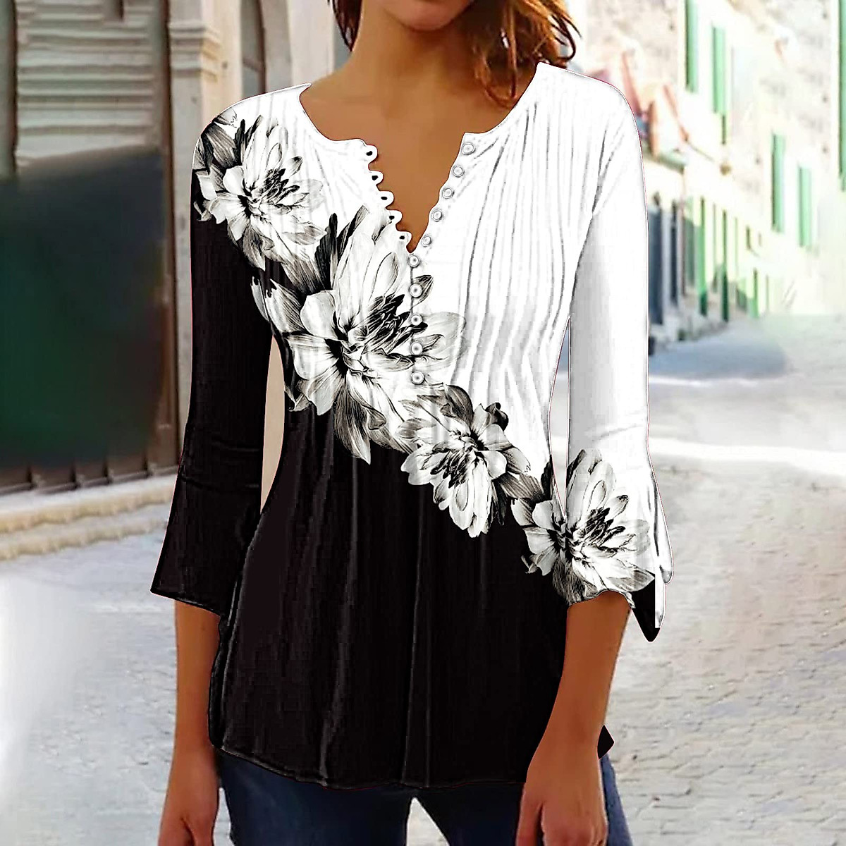 Warehouse Deals Today Button Down Shirts for Women Floral Print Tunic 2023 Summer Tops Dressy Casual Bell 3/4 Sleeve Buttons V Neck Spring Blouses