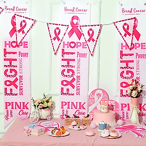 3 Pieces Breast Cancer Awareness Banner Porch Sign Set, Includes Pink Ribbon Pennant Banner, 2 Pieces Breast Cancer Ribbon Banner for Breast Cancer Awareness Party Decoration Supplies
