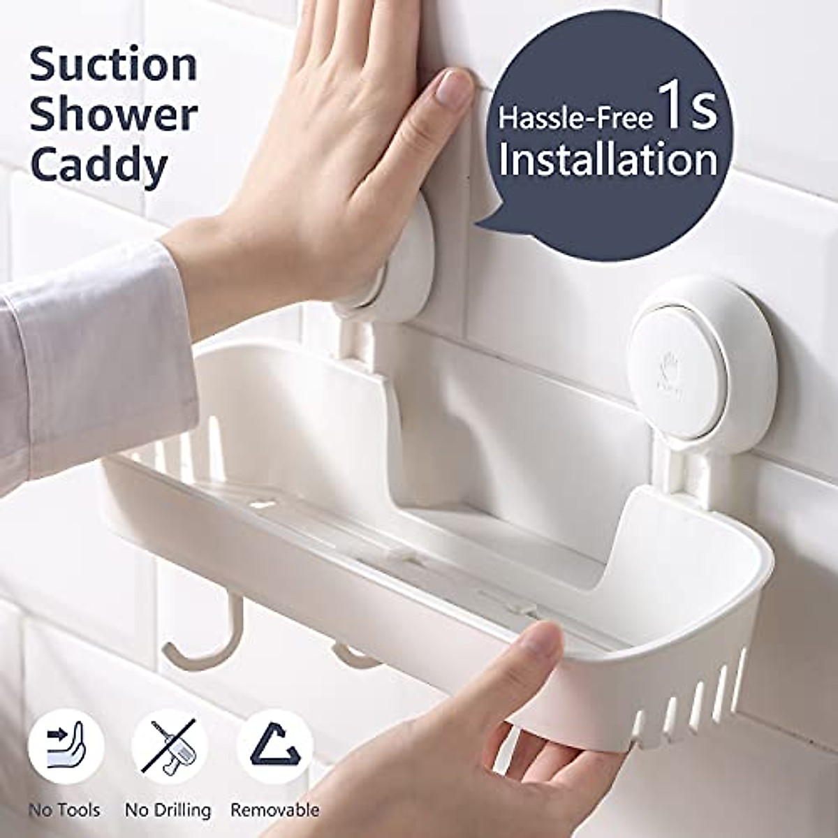 TAILI Suction Shower Caddy With 4 Hooks, Bathroom Shower Basket Wall Mounted Shower Organizer for Shampoo, Body Wash,Conditioner, Plastic Shower Rack for Kitchen & Bathroom, Drill-Free Removable