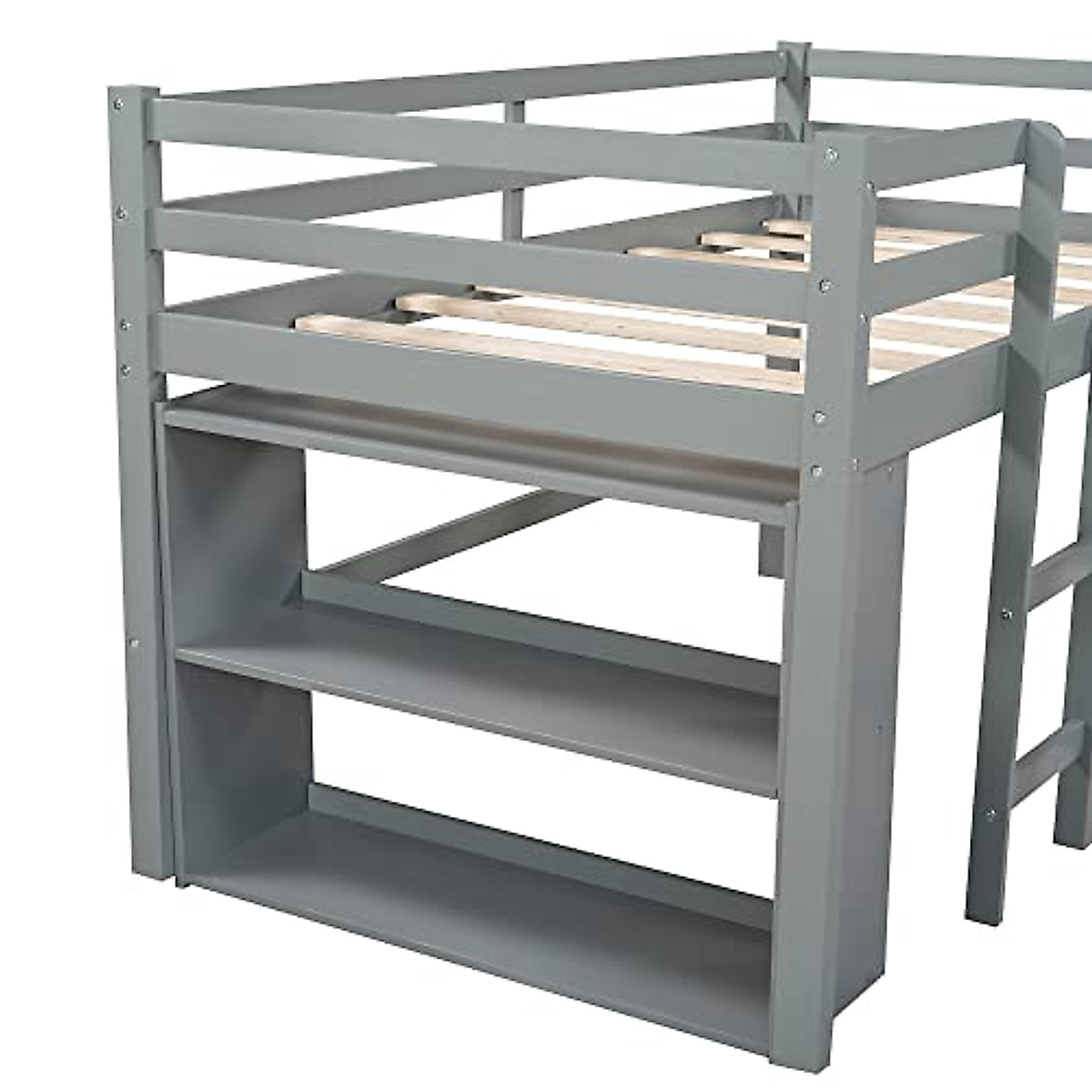 VilroCaz L-Shaped Twin Size Loft Bed with Widened Ladders and Slide, Solid Wood Loft Bed Frames with Safety Guardrail and Movable Bookshelfs for Kids, Teens, Girls & Boys (Gray)