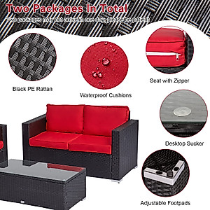 Kinsunny 4 PCs Outdoor Wicker Rattan Sofa Set Patio Furniture Wicker Rattan Sectional Sofa Couch with Glass Coffee Table Washable Removable Cushions for Backyard Pool