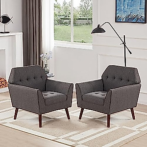 Kingfun Accent Chairs Set of 2 for Bedroom, Midcentury Modern Accent Arm Chair for Living Room, Linen Fabric Comfy Reading Chair, Tufted Comfortable Sofa Chair, Upholstered Single Sofa,Grey