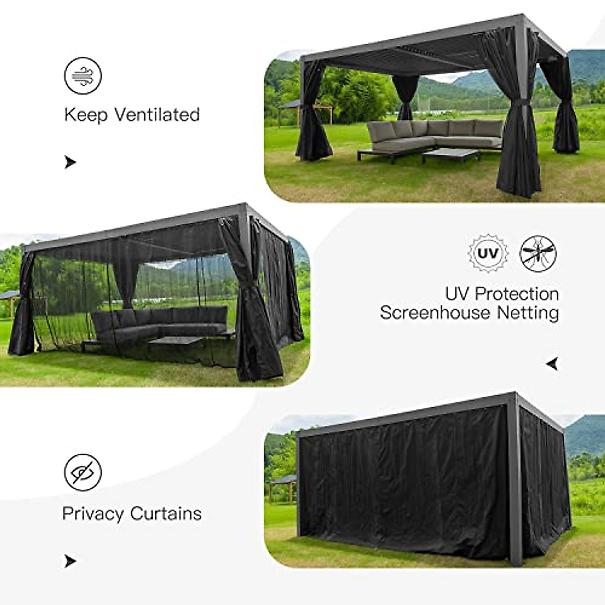 Domi Louvered Pergola 12' × 16', Outdoor Aluminium Pergola with Adjustable Roof, Curtains and Netting, Hardtop Gazebo for Patio, Deck, Garden, Yard, Beach(Gray)