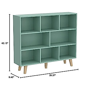IOTXY Wooden Open Shelf Bookcase - 3-Tier Floor Standing Display Cabinet Rack with Legs, 8 Cubes Bookshelf, Tiffany-Green