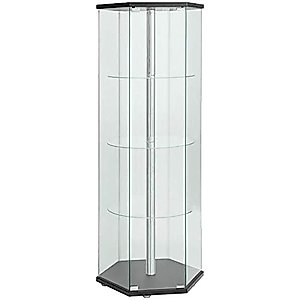Coaster Home Furnishings 950276 Traditional Glass Hexagon Shaped Curio Cabinet with Three Round Shelves, 24" D x 24" W x 63.5" H, Black