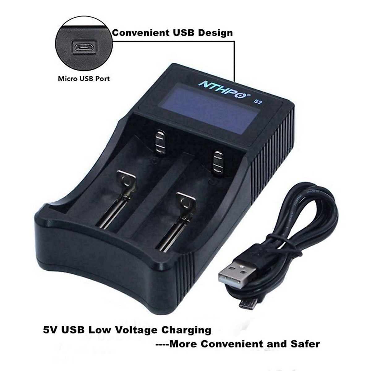 NTHPO S2 One Speedy Charger with Two Battery Storage Bags, LCD Display Intelligent Charger for Rechargeable Li-ion 26650 22650 18650 18490 18350 4500 RCR123, Ni-MH A AA AAA Batteries