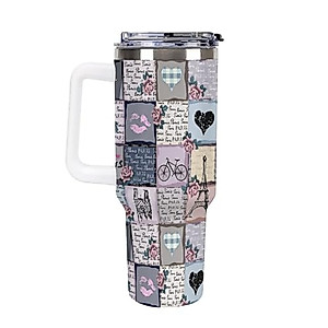 Niapessel Leak Proof Tumbler, Insulated Water Bottles with Straw, Retro Paris Art Insulated Cup with Handle 40 Oz Stainless Steel Flask for School, Travel, Car, Sports, Work