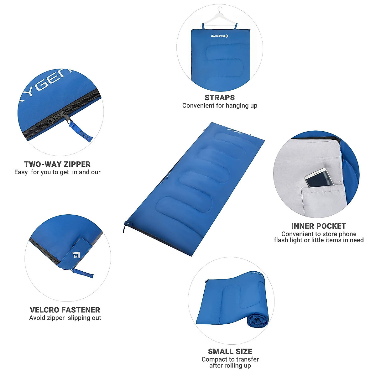 KingCamp Lightweight Envelope Sleeping Bag 55℉ Portable Waterproof Comfort for Cool Warm Hot Weather Compact Backpacking Camping Hiking Travel 70.8"x29.5"