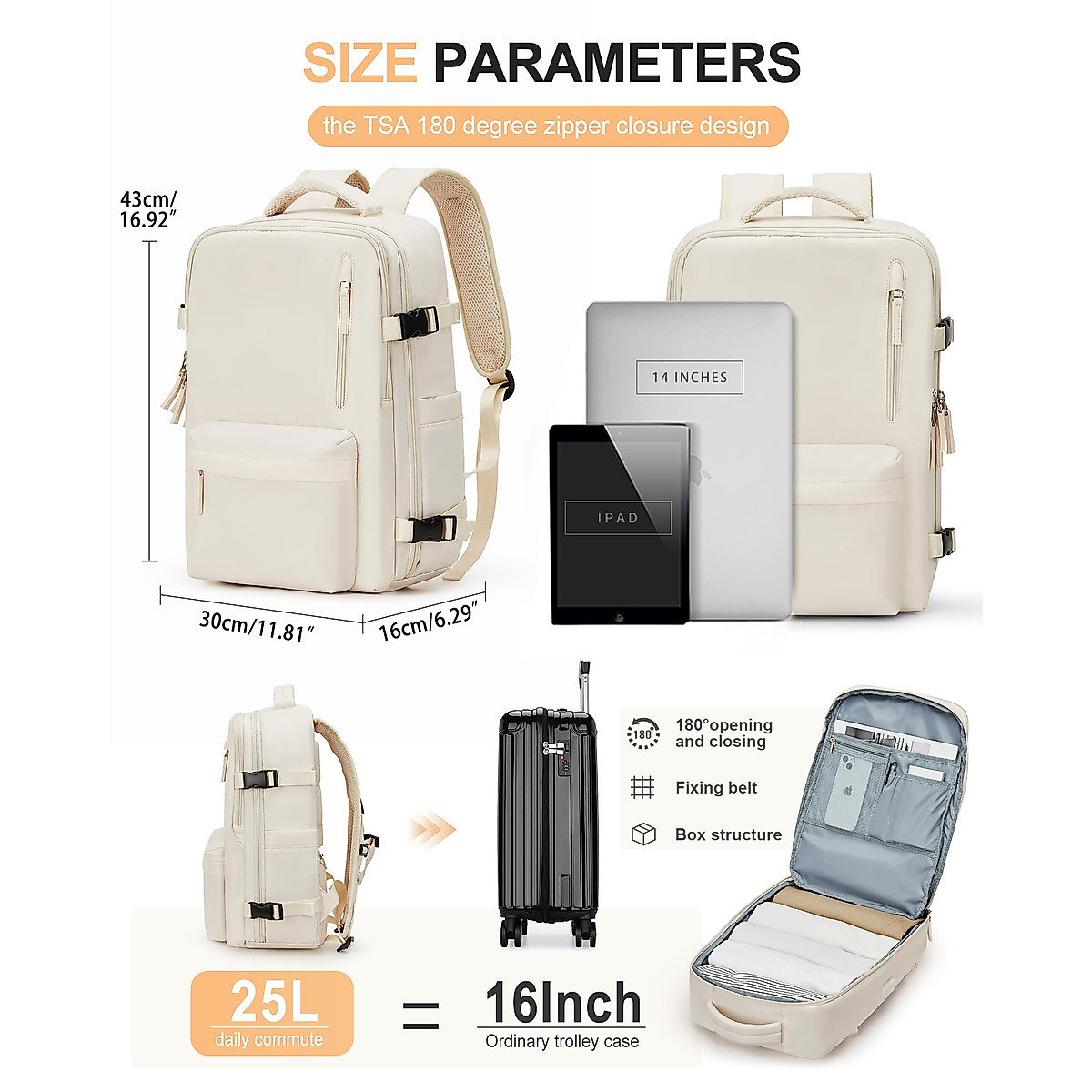 WONHOX Carry on Travel Laptop Backpack for Women Men, Flight Approved,Backpack, Hiking Outdoor Sports Rucksack Casual Daypack Bag Backpack, Beige Simple