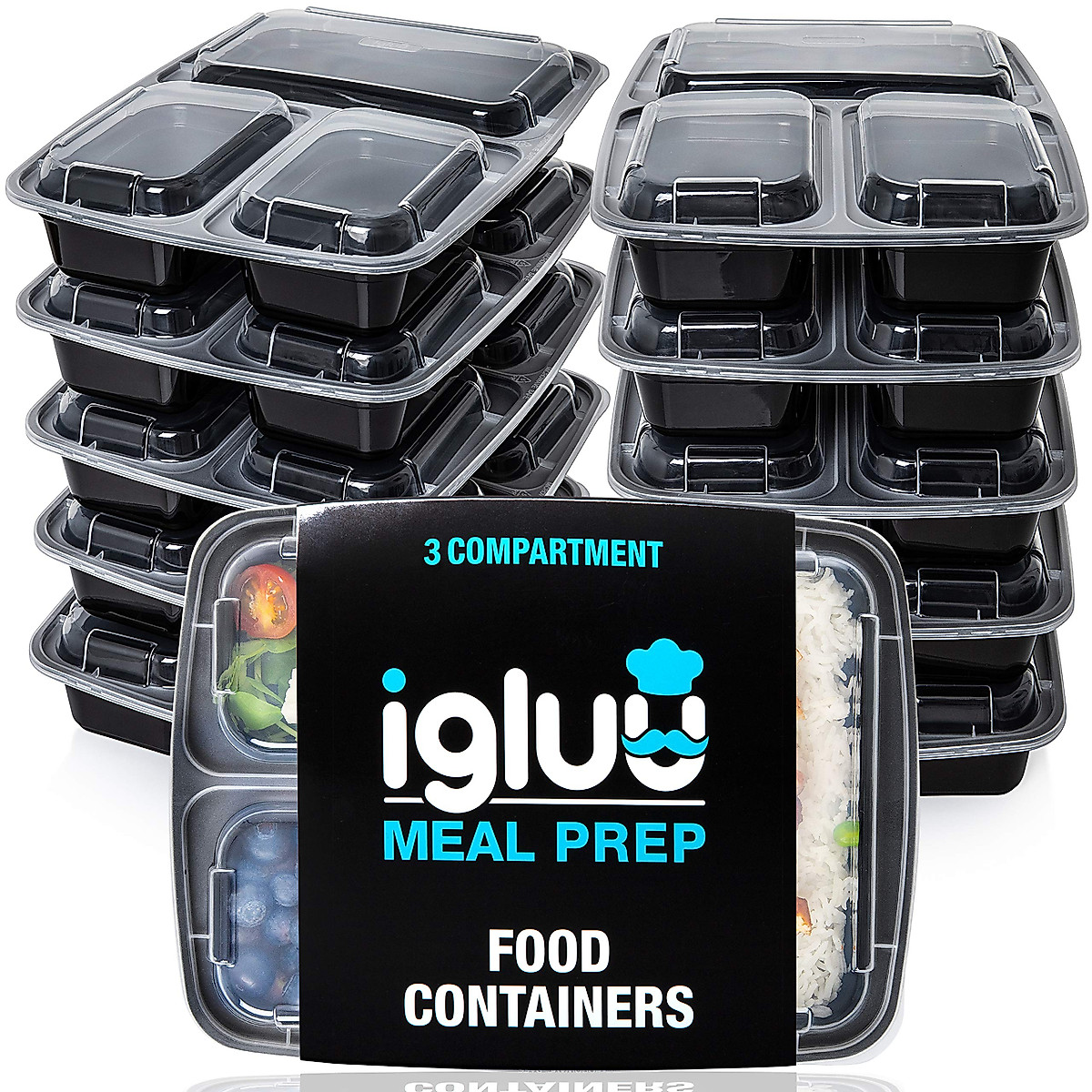 Igluu Meal Prep Containers [10 pack] 3 Compartment with Airtight Lids - Plastic Food Storage Bento Box - BPA Free - Reusable Lunch Boxes - Microwavable, Freezer and Dishwasher Safe (32 oz)