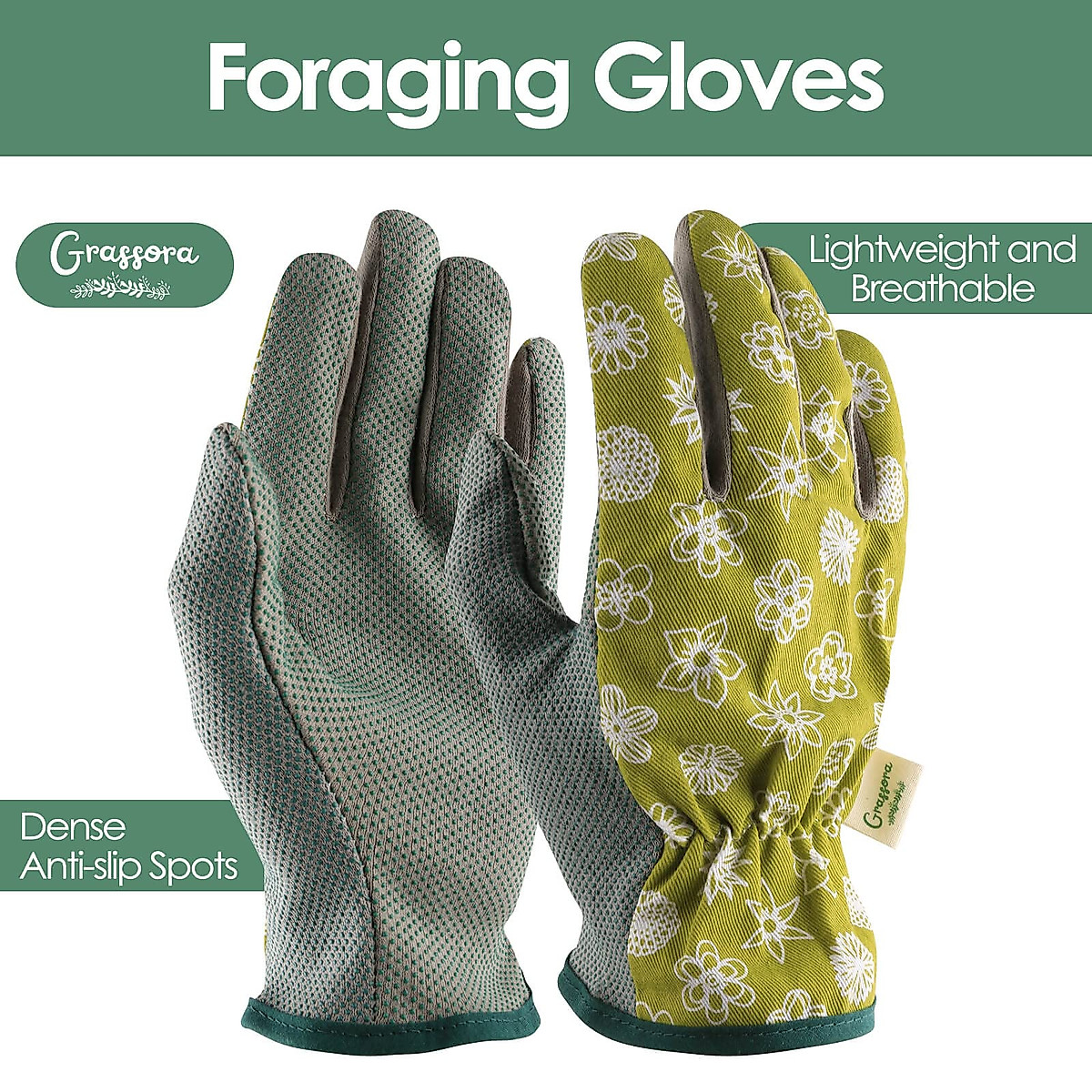 Grassora 6-in-1 Foraging Kit with Mushroom Mesh Bags, Pounch, Knife, Gloves and Stickers, for Beginners Pros, Hunting Supplies Foragers' Gift, Army Green