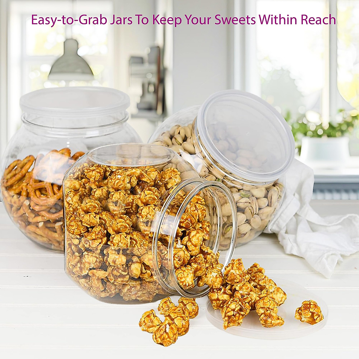 DilaBee Plastic Candy Jars with Lids for Candy Buffet - 2 Pack - Clear Cookie Jars for Kitchen Counter, Office Desk, Laundry Pods Containers, Home Storage Organizer & Party Table - 96 Oz